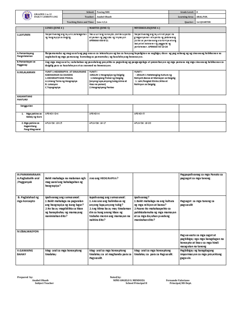 Aral Pan.8 Lesson Pln June