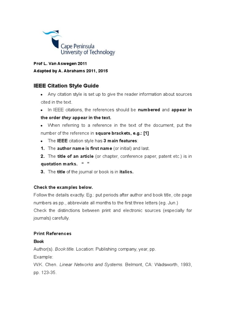 IEEE Citation Style Guide: Prof L. Van Aswegen 2011 Adapted by A ...