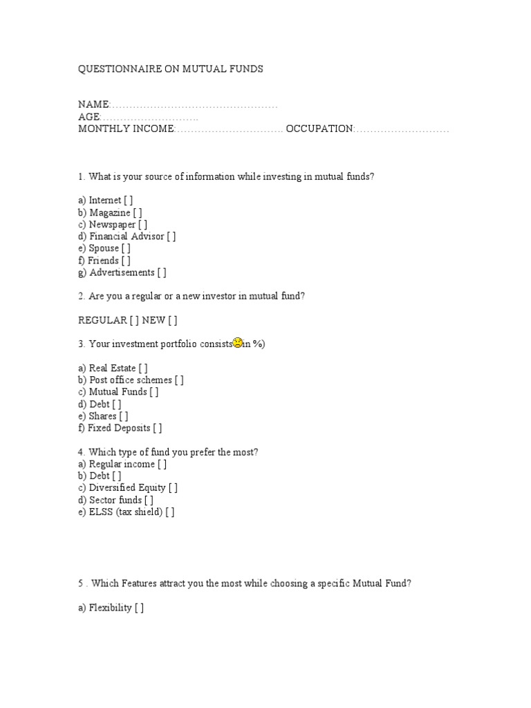 Questionnaire On Mutual Funds | PDF | Mutual Funds | Investing