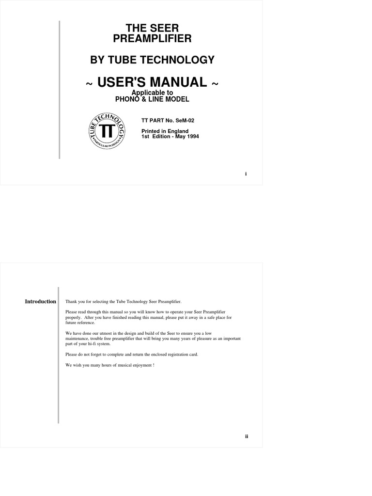 User'S Manual : The Seer Preamplifier by Tube Technology | PDF ...