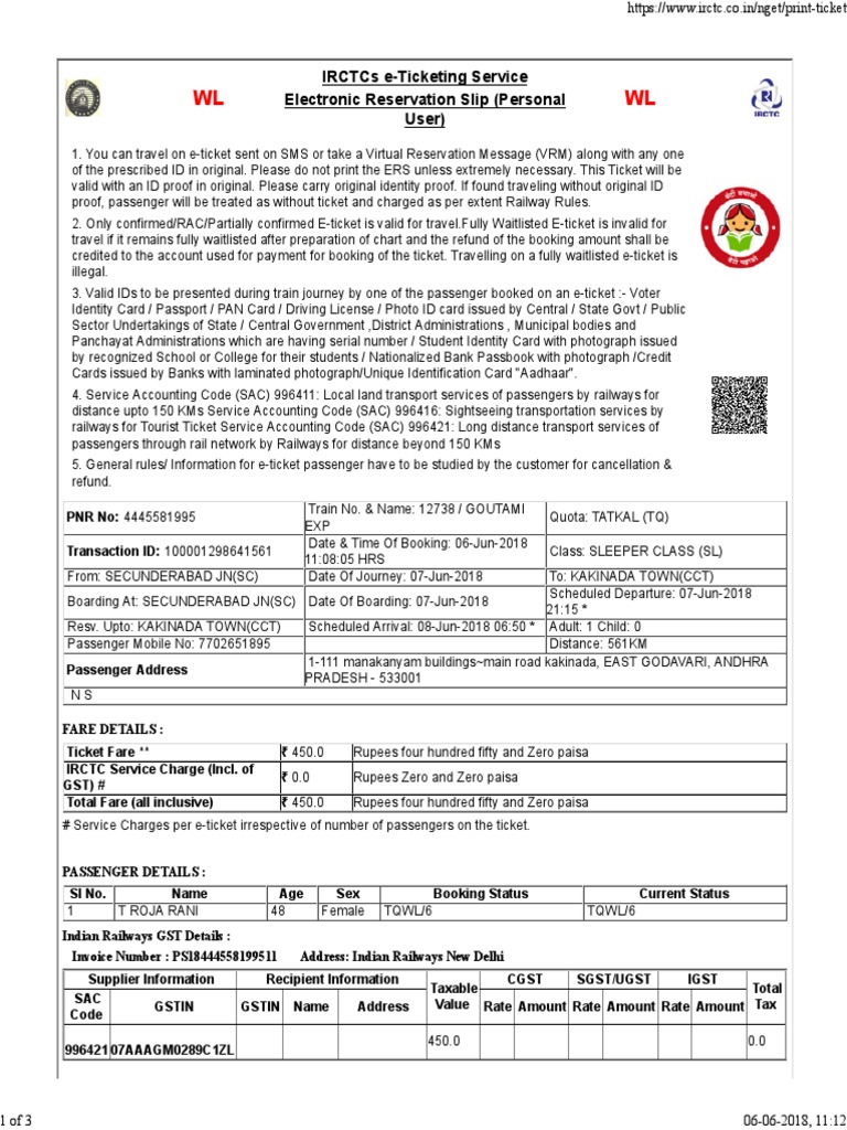 WL WL: Irctcs E-Ticketing Service Electronic Reservation Slip (Personal ...