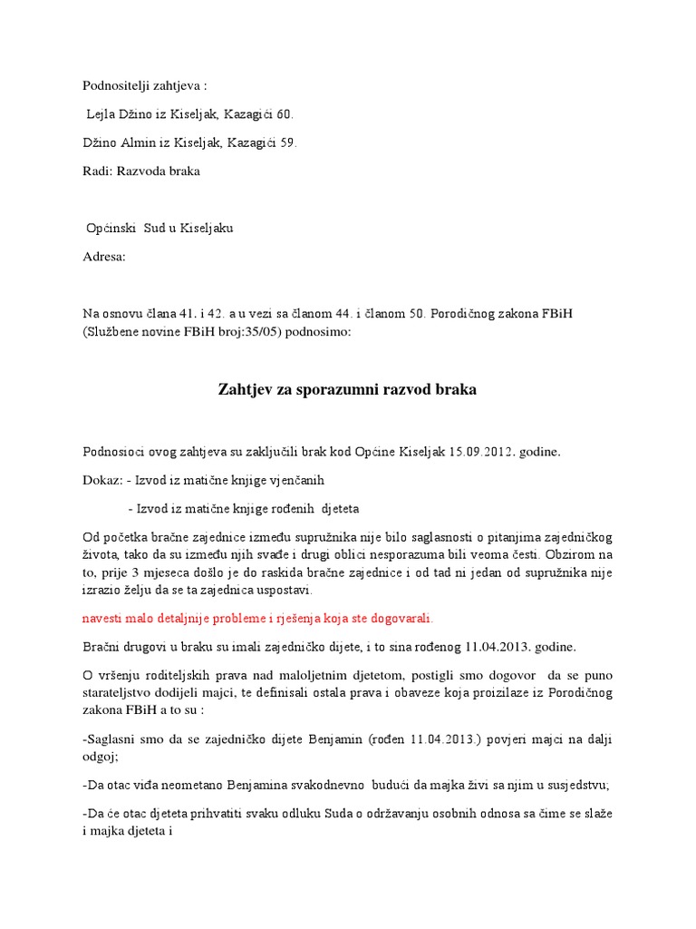 Zahtjev Za Razvod | PDF