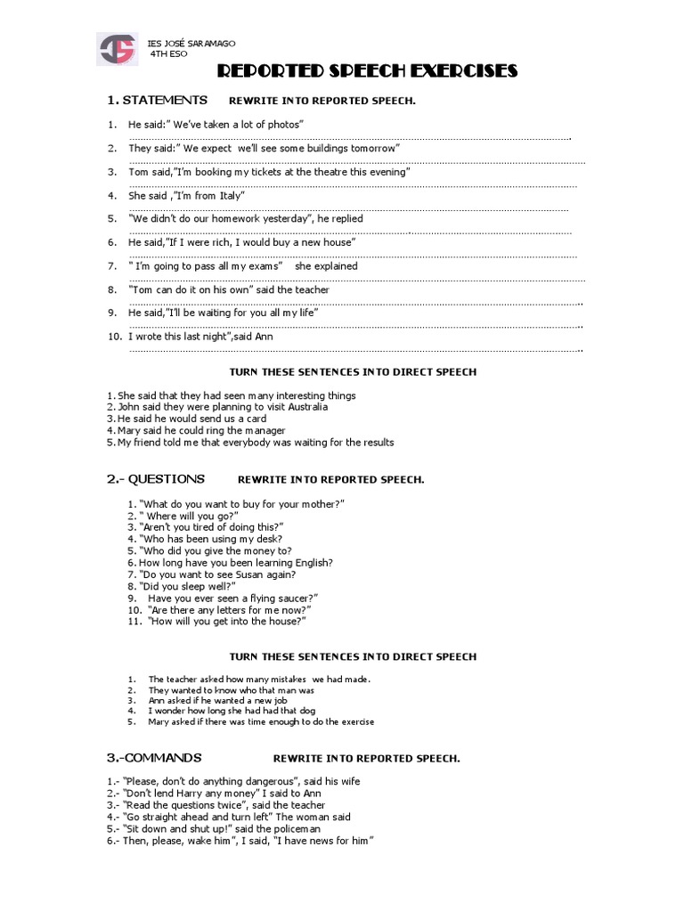 11 Exercises Reported Speech PDF | PDF