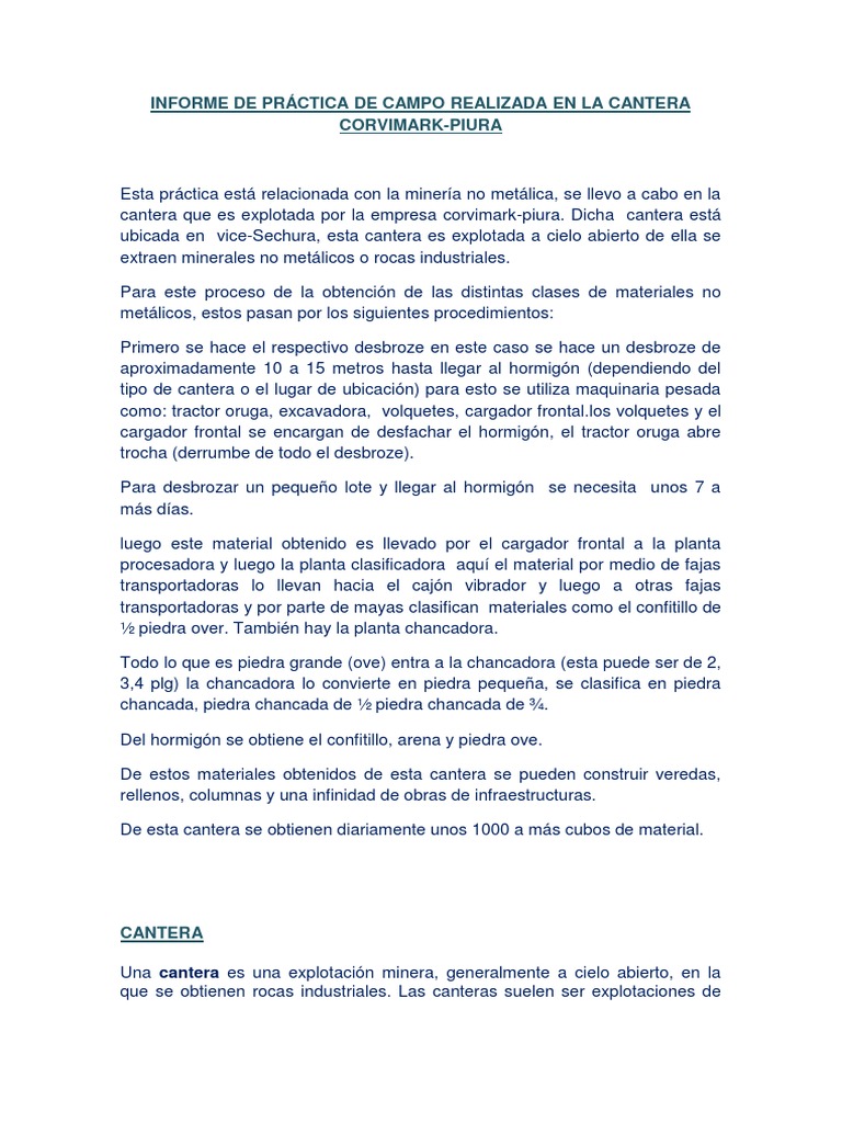 Práctica en Cantera Corvimark-Piura | PDF | Cantera | Cemento