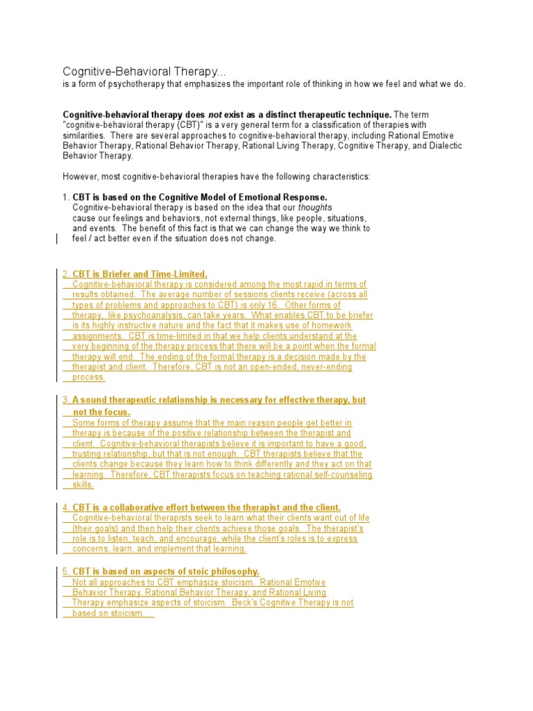 Cognitive Behavioral Therapy Summary | PDF | Cognitive Behavioral ...
