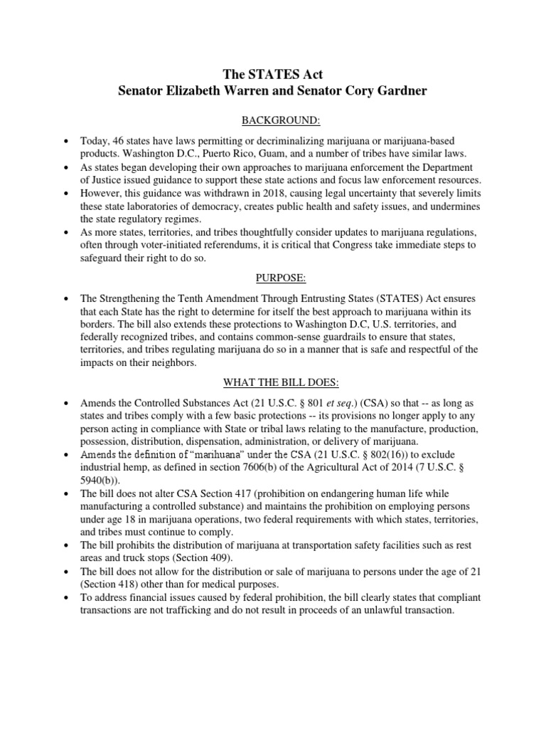 STATES Act Fact Sheet | PDF | U.S. State | Controlled Substances Act