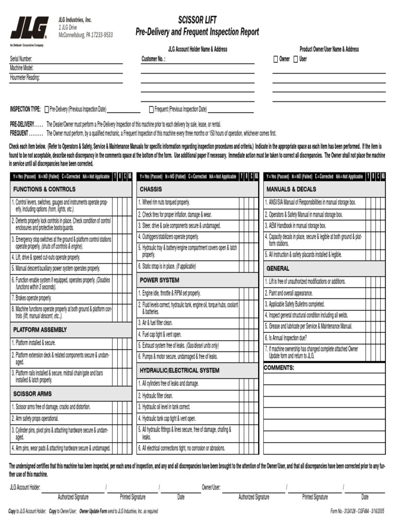Scissor Lift Pre Delivery Inspection Report PDF | Download Free PDF ...