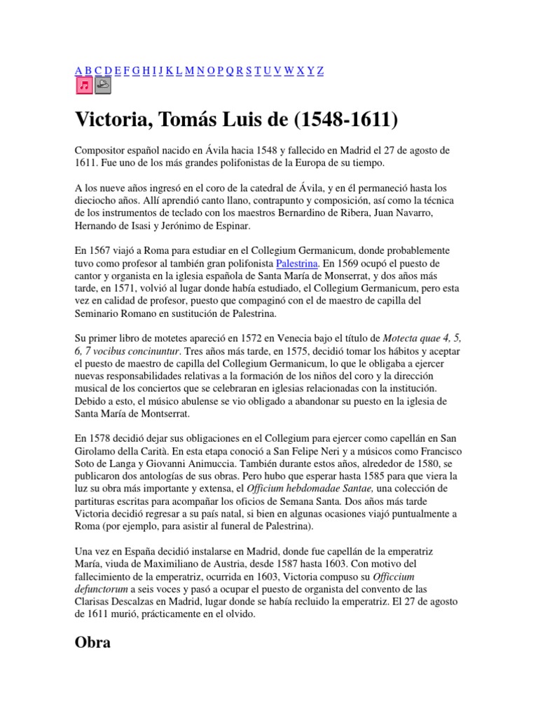Biografía y obras de Tomás Luis de Victoria | PDF | Música clásica ...