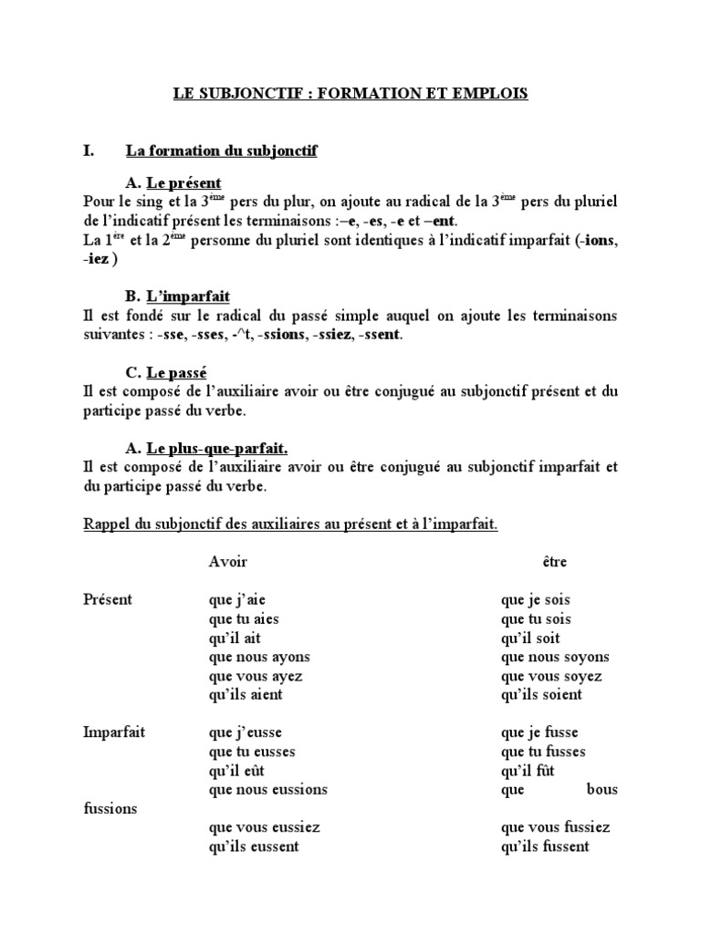 LE SUBJONCTIF Formation Et Emplois | PDF | Verbe | Morphologie