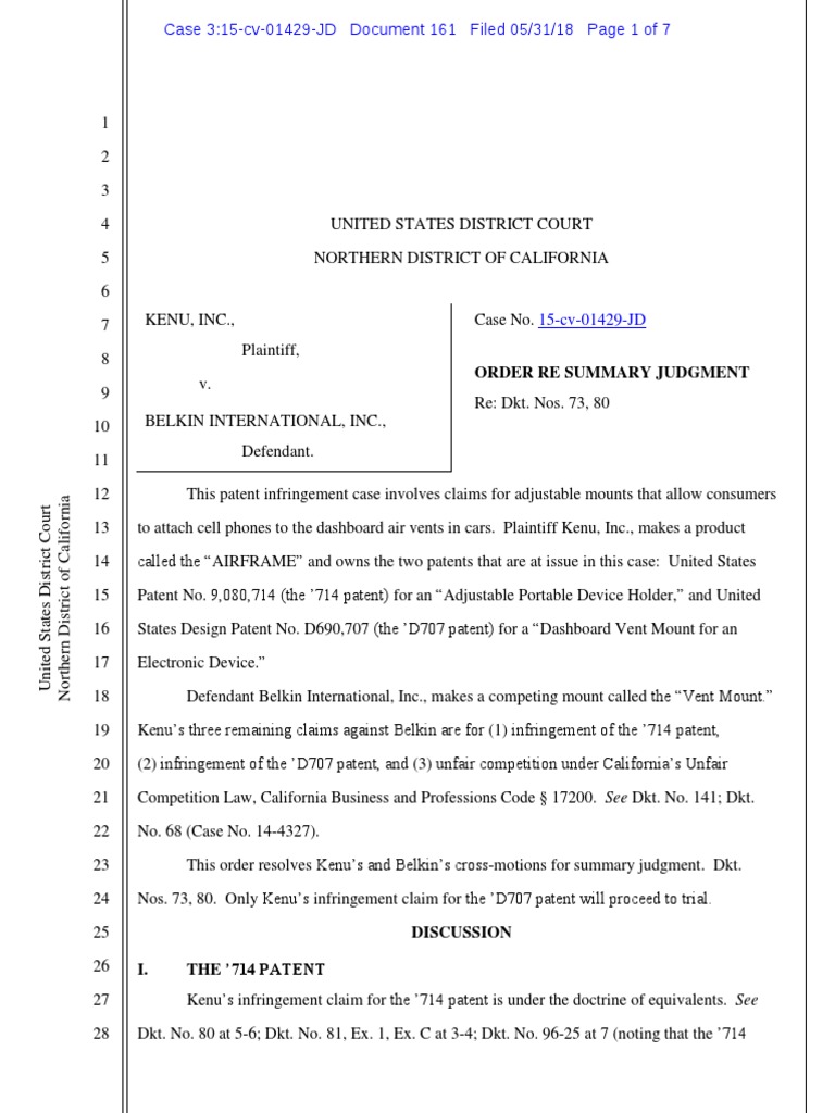 Kenu v. Belkin - Order Denying Motion For Summary Judgement | PDF | Doctrine Of Equivalents ...