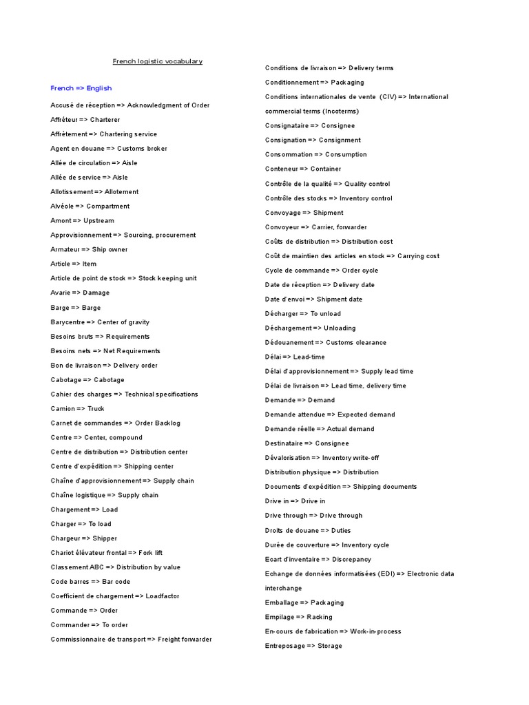 French Logistics Vocabulary Guide | PDF | Warehouse | Logistics