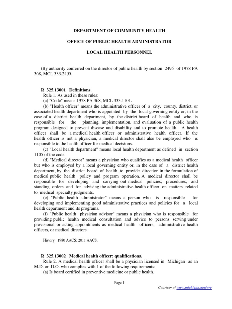State of Michigan Administrative Rules - Local Health Personnel | PDF ...