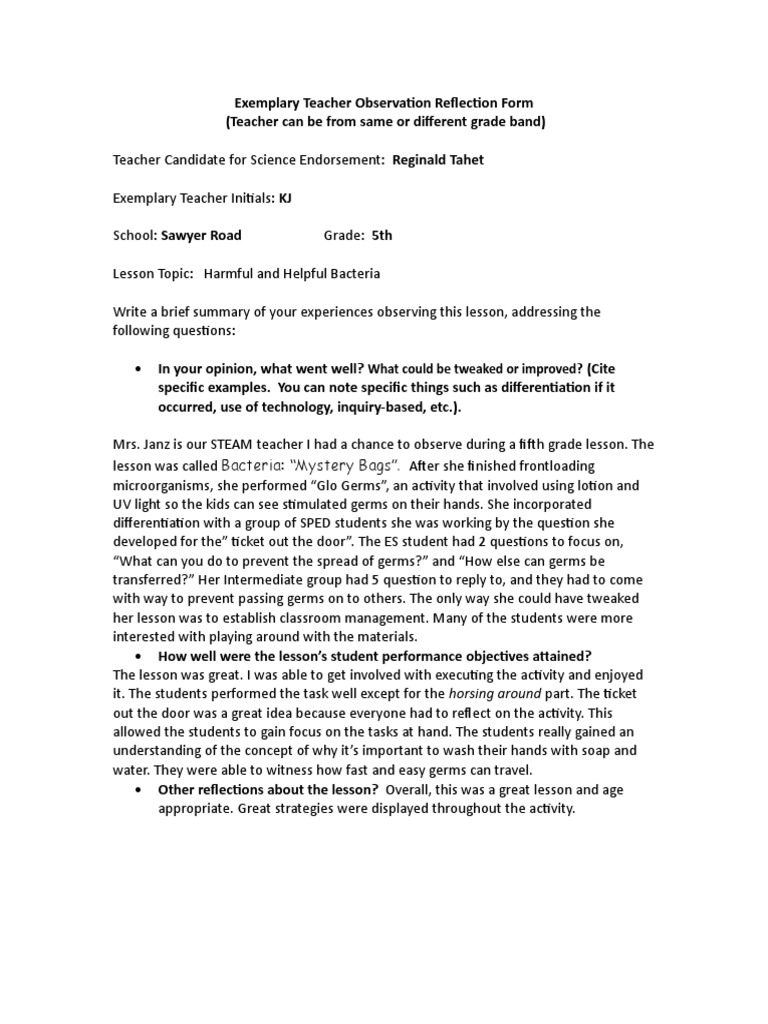 Exemplary Teacher Observation Reflection Janz | PDF