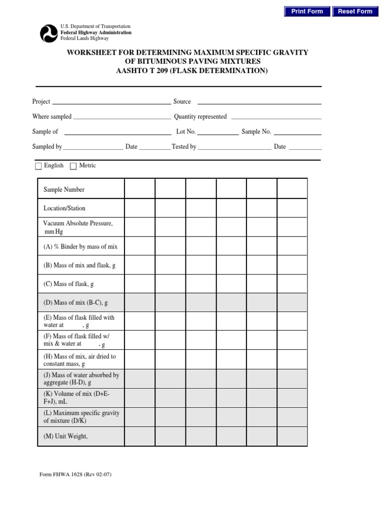 Worksheet For Determining Maximum Specific Gravity of Bituminous Paving ...