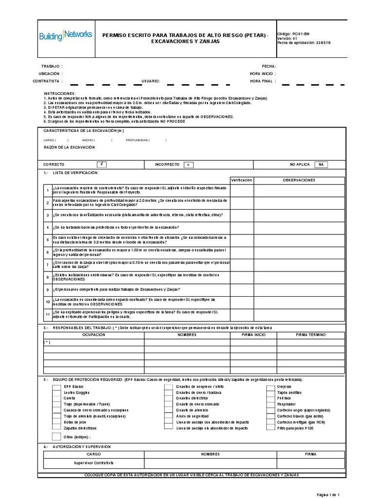 Permiso Escrito Para Trabajos de Alto Riesgo (Petar) - Excavaciones y Zanjas