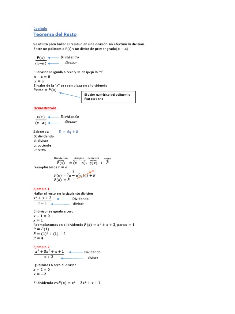 Hallar el Resto en Divisiones Polinómicas | PDF | División (Matemáticas ...