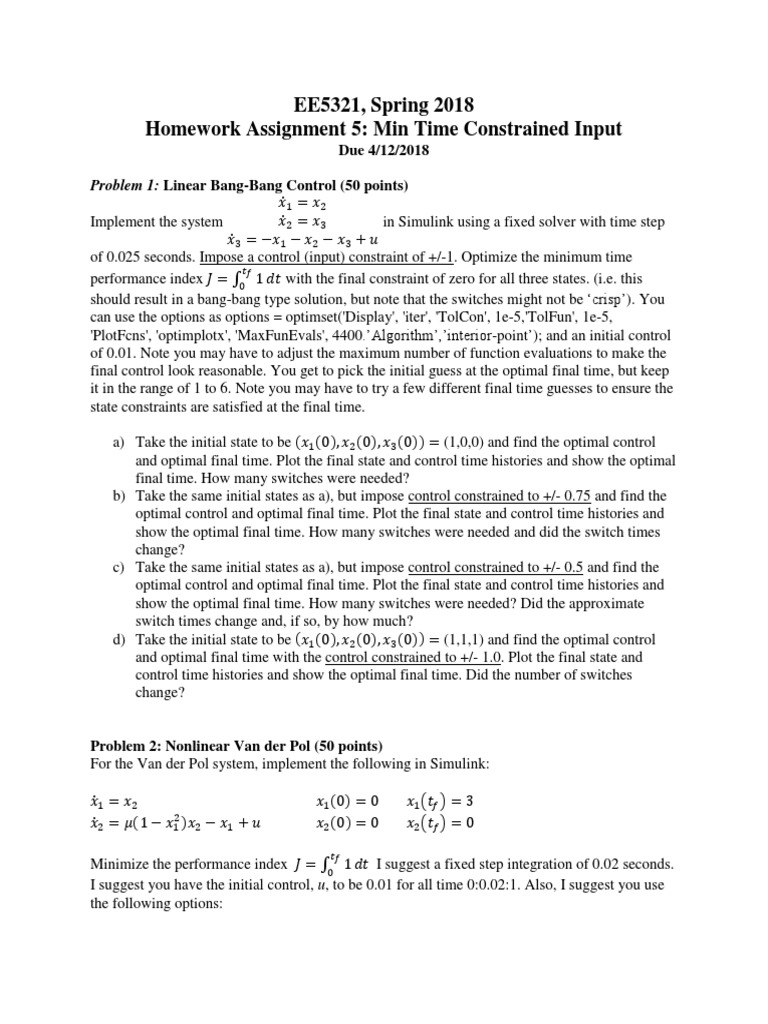 EE5321 Spring 2018 Homework 5 | PDF | Optimal Control | Theoretical ...