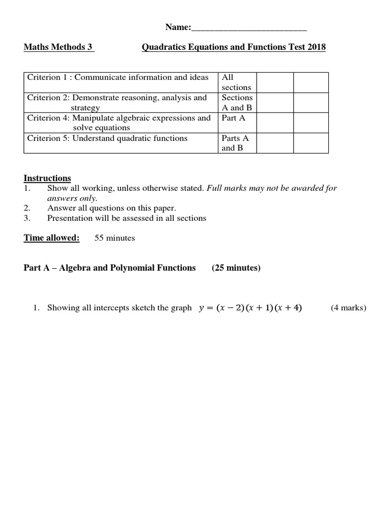 Maths Methods 3 Test 3 Final 2018 | PDF | Factorization | Quadratic ...