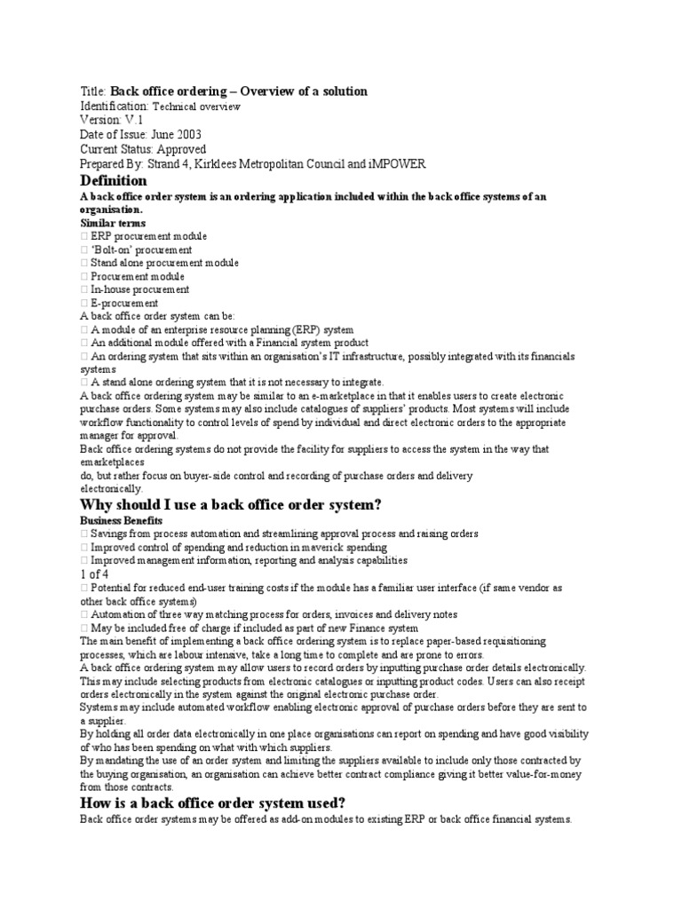 Back Office Ordering - Overview of A Solution | PDF | Procurement ...