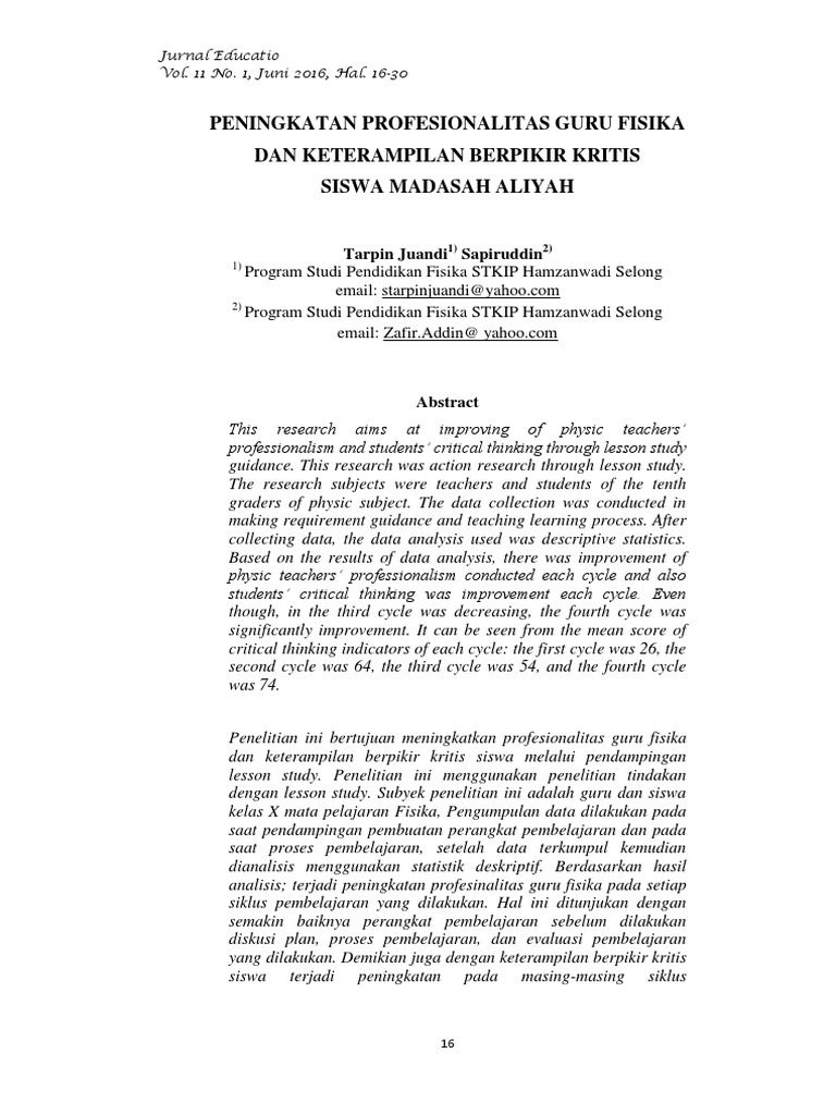 Peningkatan Profesionalitas Guru Fisika Dan Keterampilan Berpikir Kritis Siswa Madasah Aliyah | PDF