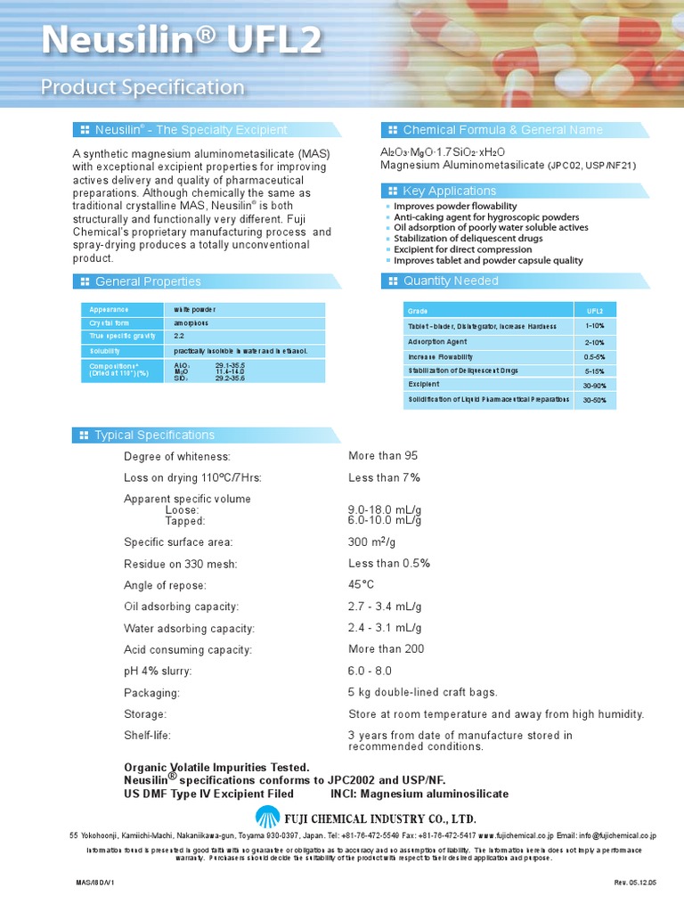 Fuji Neusilin UFL2 - DEC05 | PDF | Adsorption | Silicon Dioxide