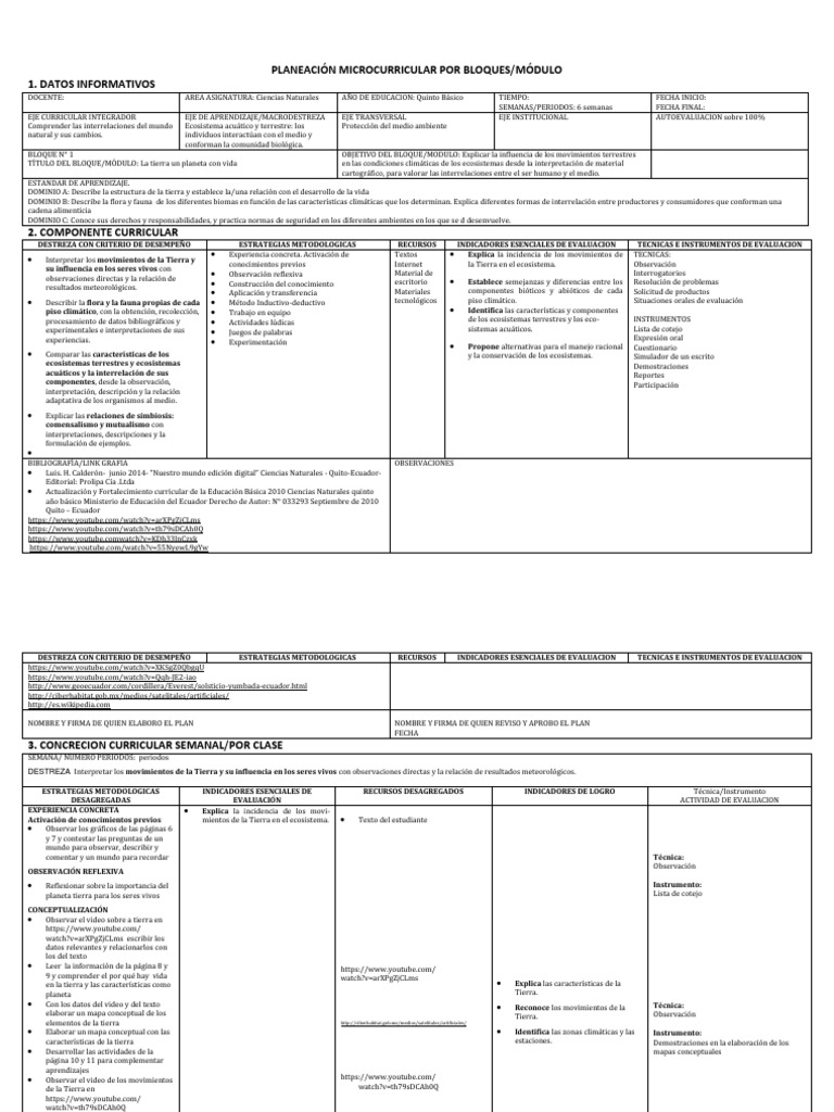 Planificacion de 5to Ciencias Naturales | Tierra | Ecosistema