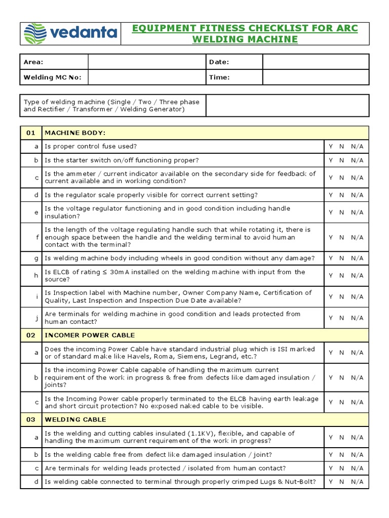 Welding Machine - Equipment Fitness Checklist | Download Free PDF ...