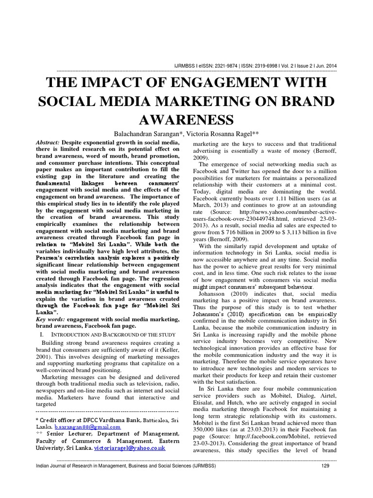 The Impact of Engagement With Social Media Marketing On Brand Awareness ...