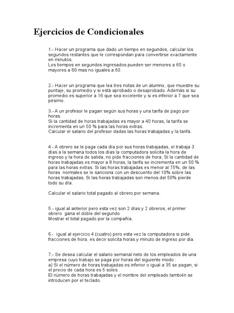 Ejercicios de Condicionales | PDF | División (Matemáticas ...