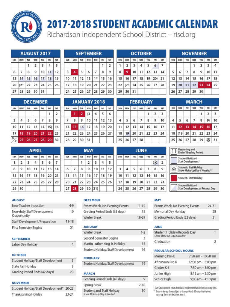 RISD 2017-18 Calendar PDF | PDF | Schools | Observances
