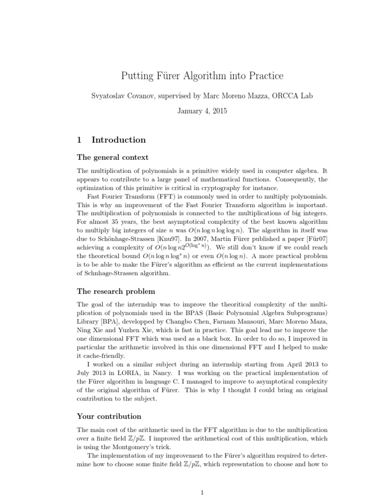 Practical Implementation of Fürer's Algorithm | PDF | Fast Fourier Transform | Computational ...