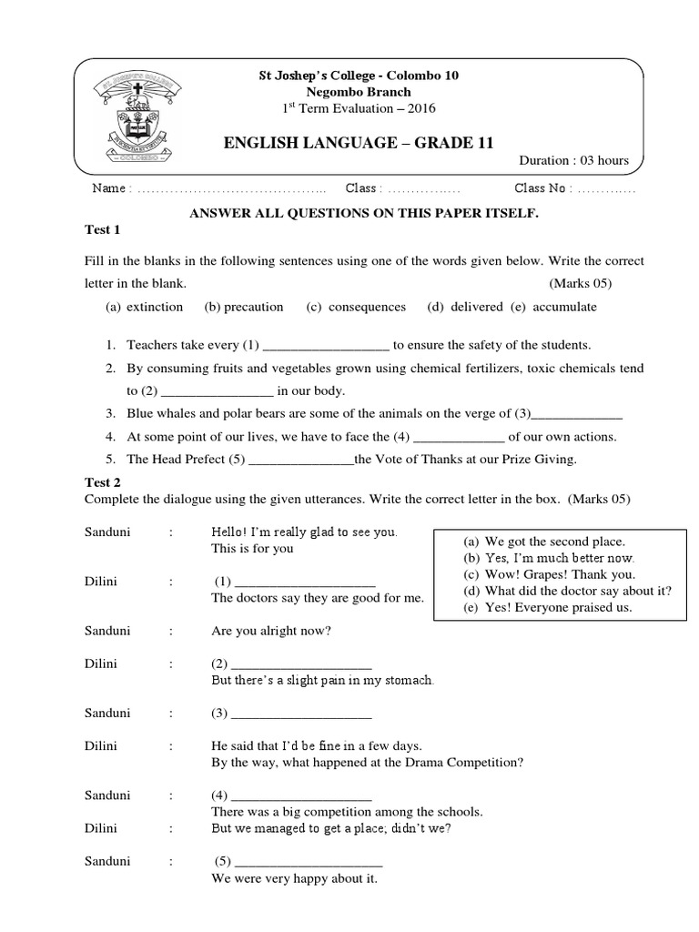 English Language - Grade 11: ST Joshep's College - Colombo 10 Negombo ...