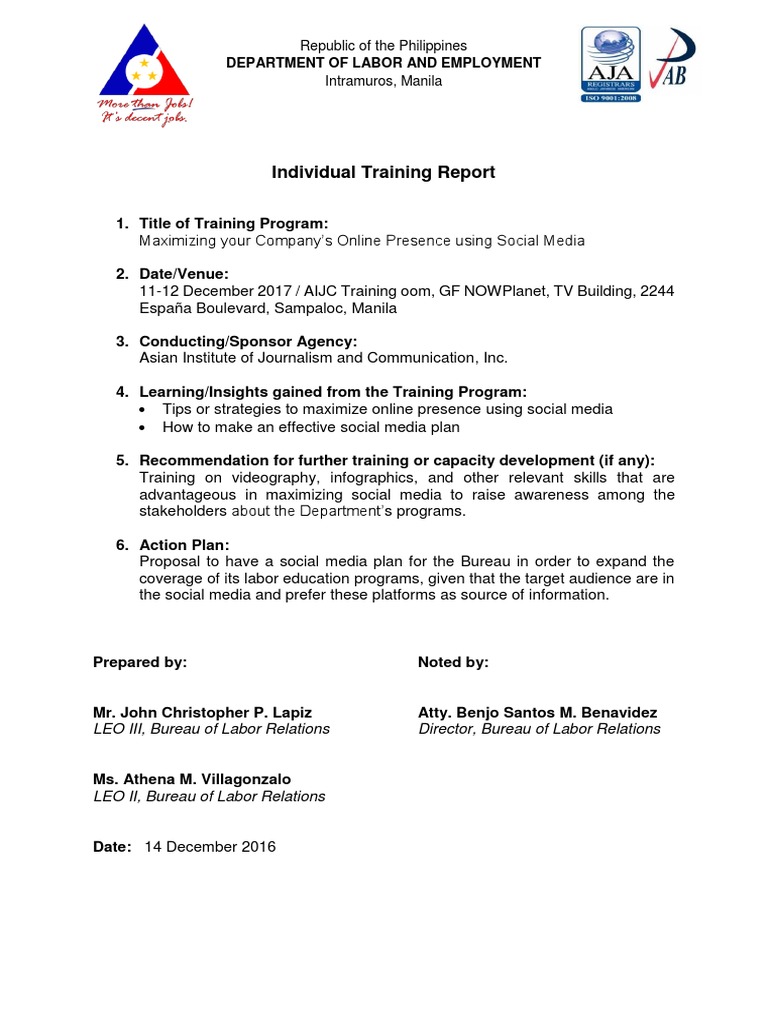 Individual Training Report: Department of Labor and Employment | PDF ...