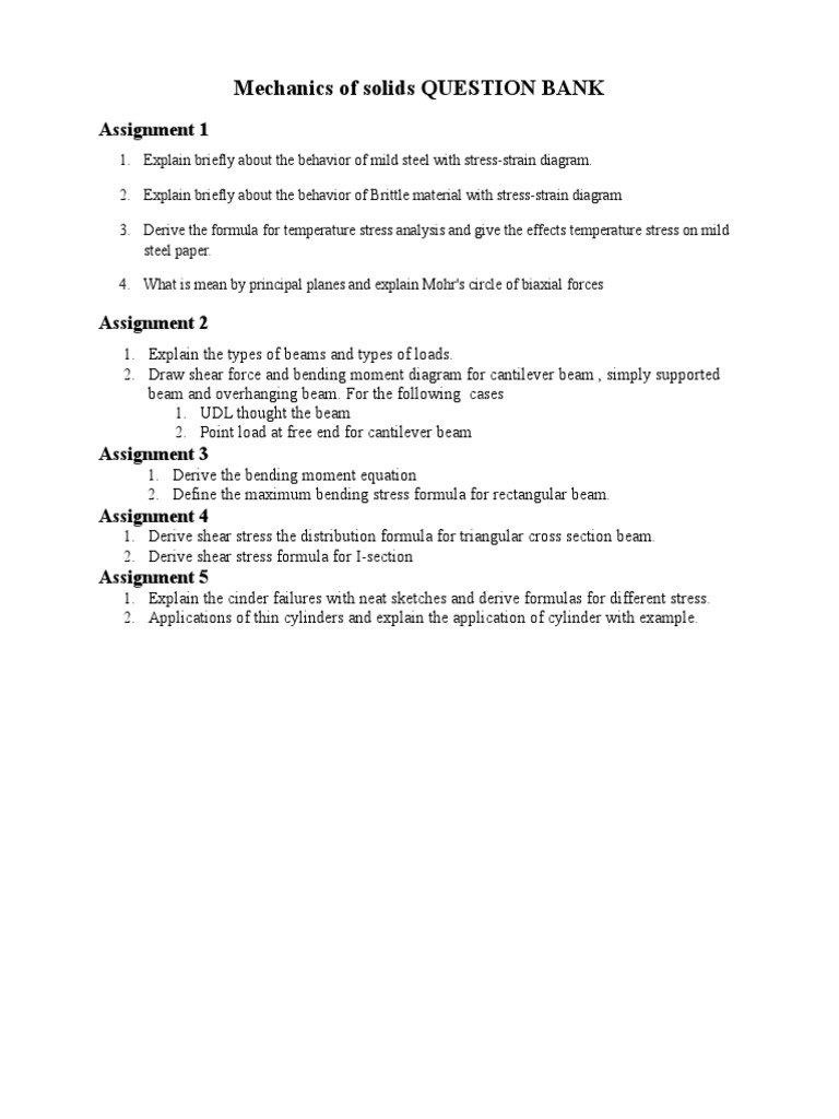 Mechanics of Solids QUESTION BANK: Assignment 1 | PDF