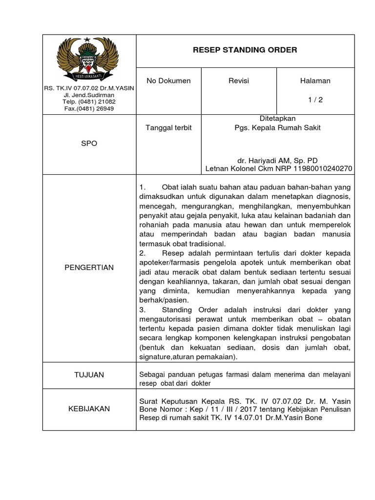 Panduan Resep Standing Order Rumah Sakit | PDF