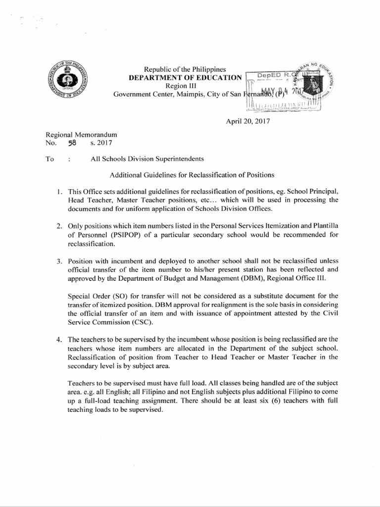 RM 58, S. 2017 - Additional Guidelines For Reclassification of ...