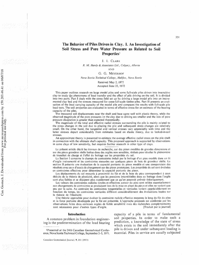 The Behaviour of Piles Driven in Clay, Clerk and Mayerhof | PDF ...