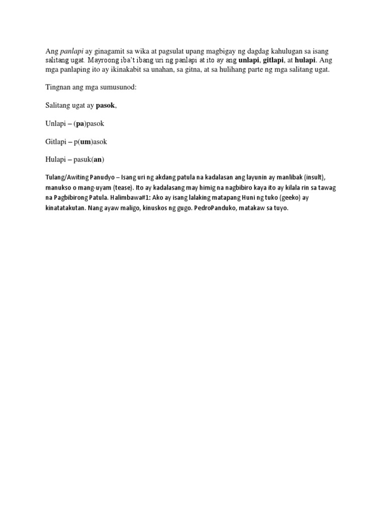Ang Panlapi Ay Ginagamit Sa Wika at Pagsulat Upang Magbigay NG Dagdag ...