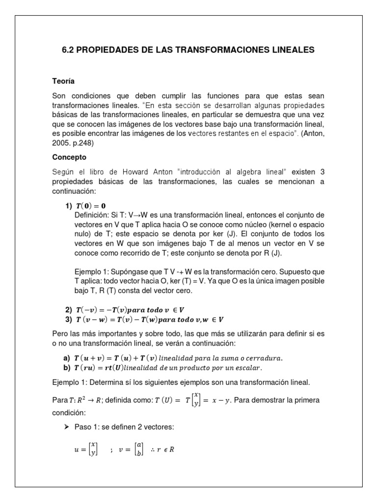 6.02 Propiedades de Las Transformaciones Lineales | Descargar gratis PDF | Mapa lineal | Espacio ...