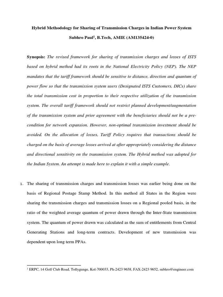 Hybrid Methodology For Sharing of Transmission Charges in Indian Power ...