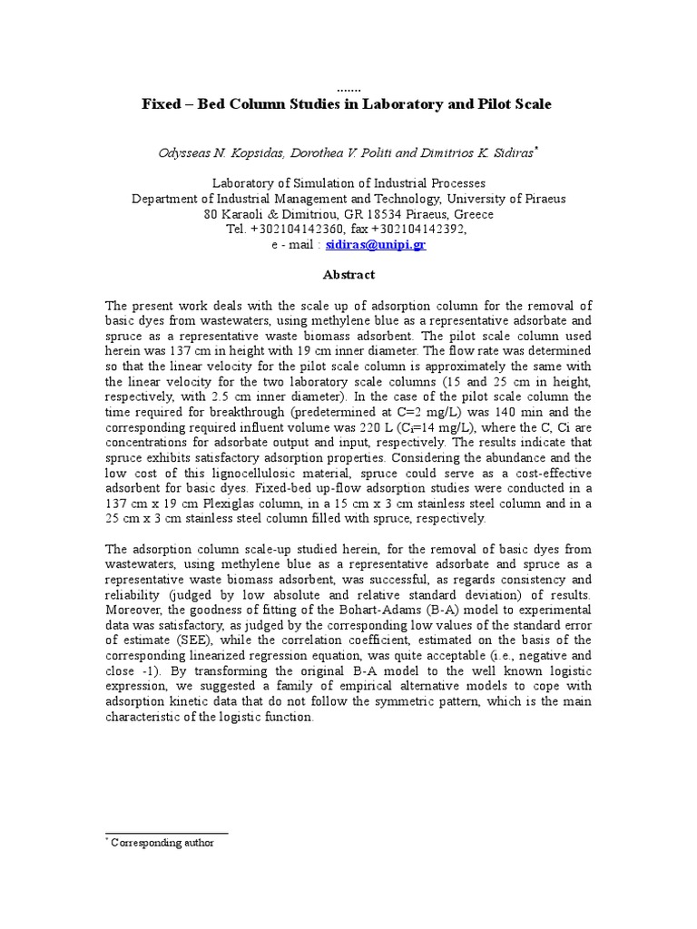 Fixed - Bed Column Studies in Laboratory and Pilot Scale | PDF ...