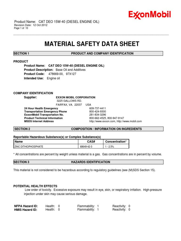 MSDS Cat 15w40 PDF | PDF | Firefighting | Personal Protective Equipment