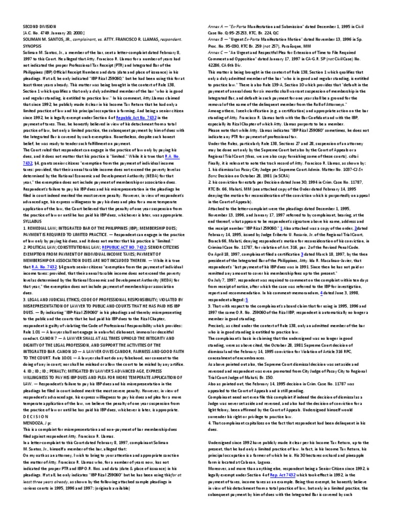 SOLIMAN M. SANTOS, JR., Complainant, vs. ATTY. FRANCISCO R. LLAMAS ...