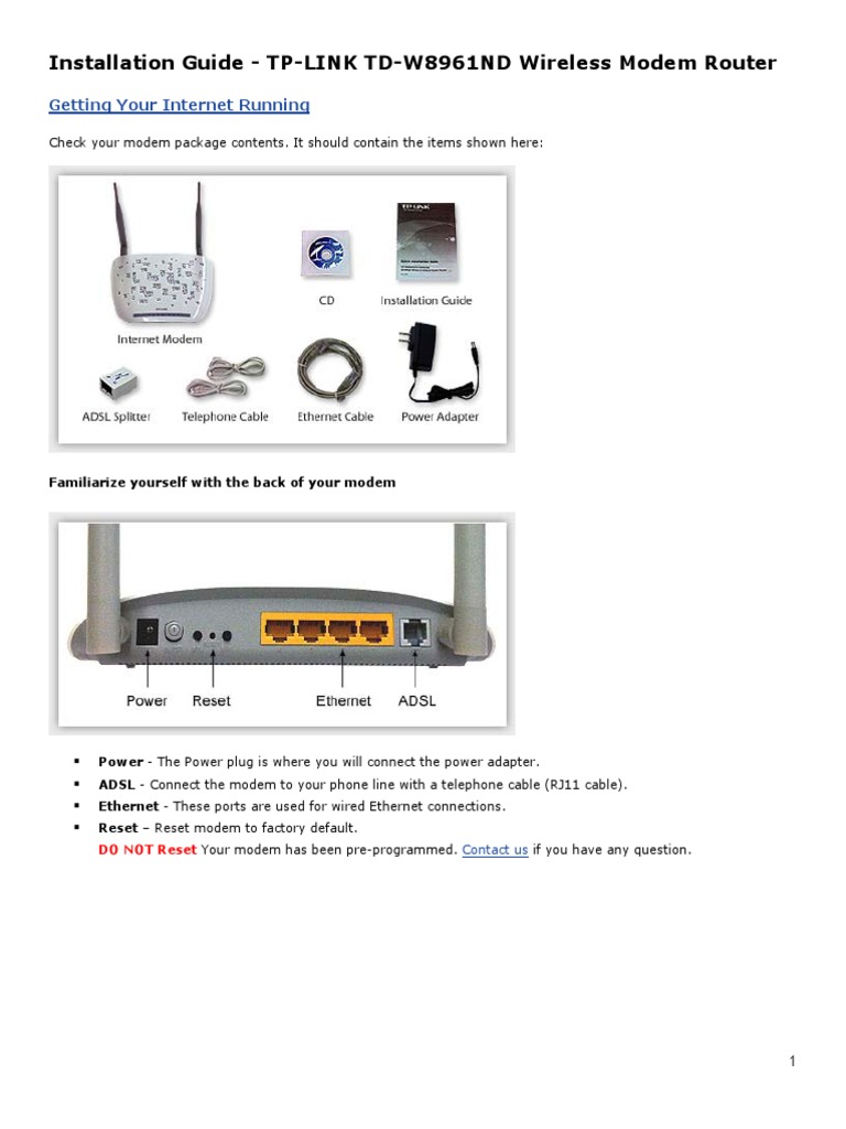 Installation Guide - TP-LINK TD-W8961ND Wireless Modem Router ...