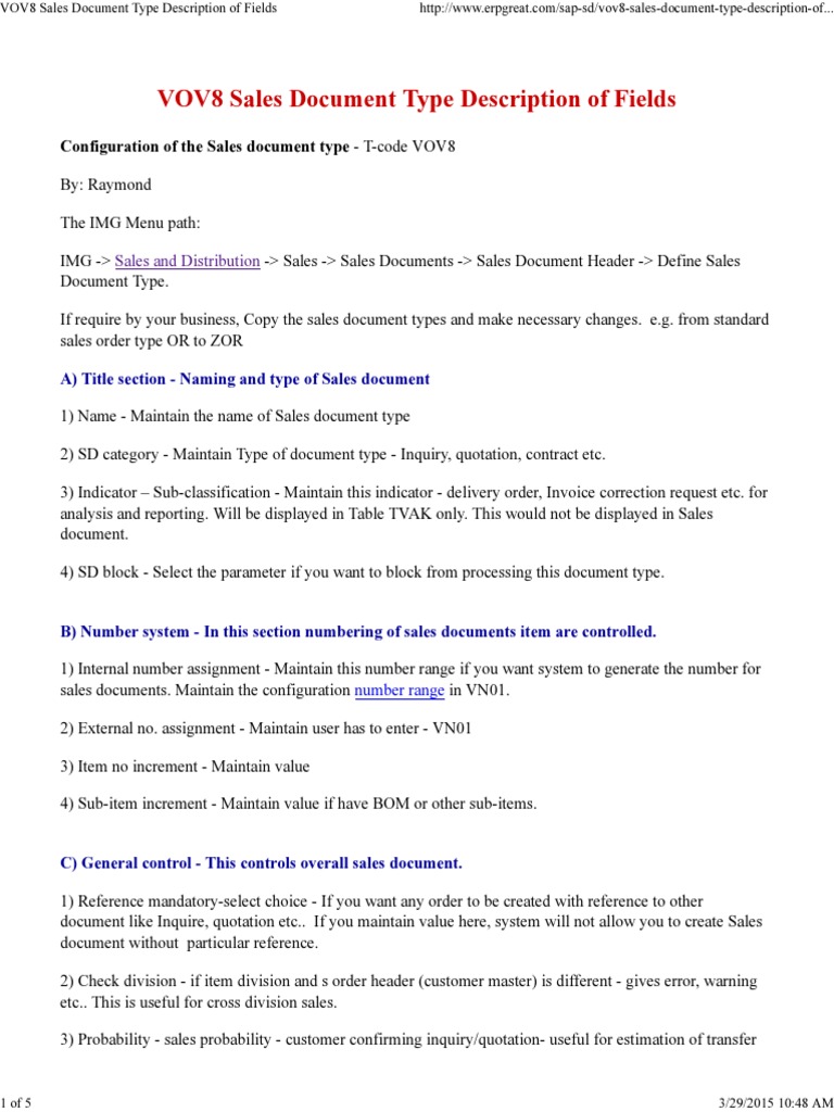VOV8 Sales Document Type Description of Fields PDF | PDF | Pricing ...