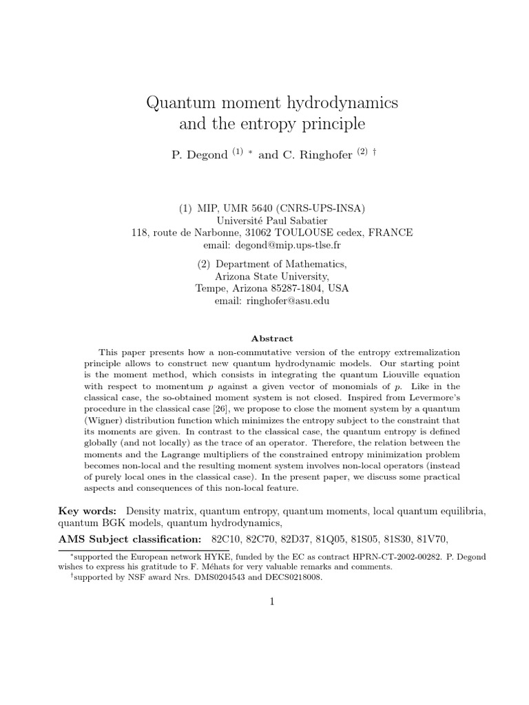 Quantum Moment Hydrodynamics and The Entropy Principle: P. Degond and C ...