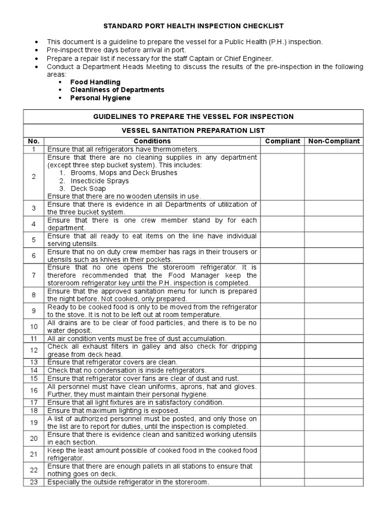 Standard Port Health Inspection Checklist | PDF | Kitchen Utensil ...