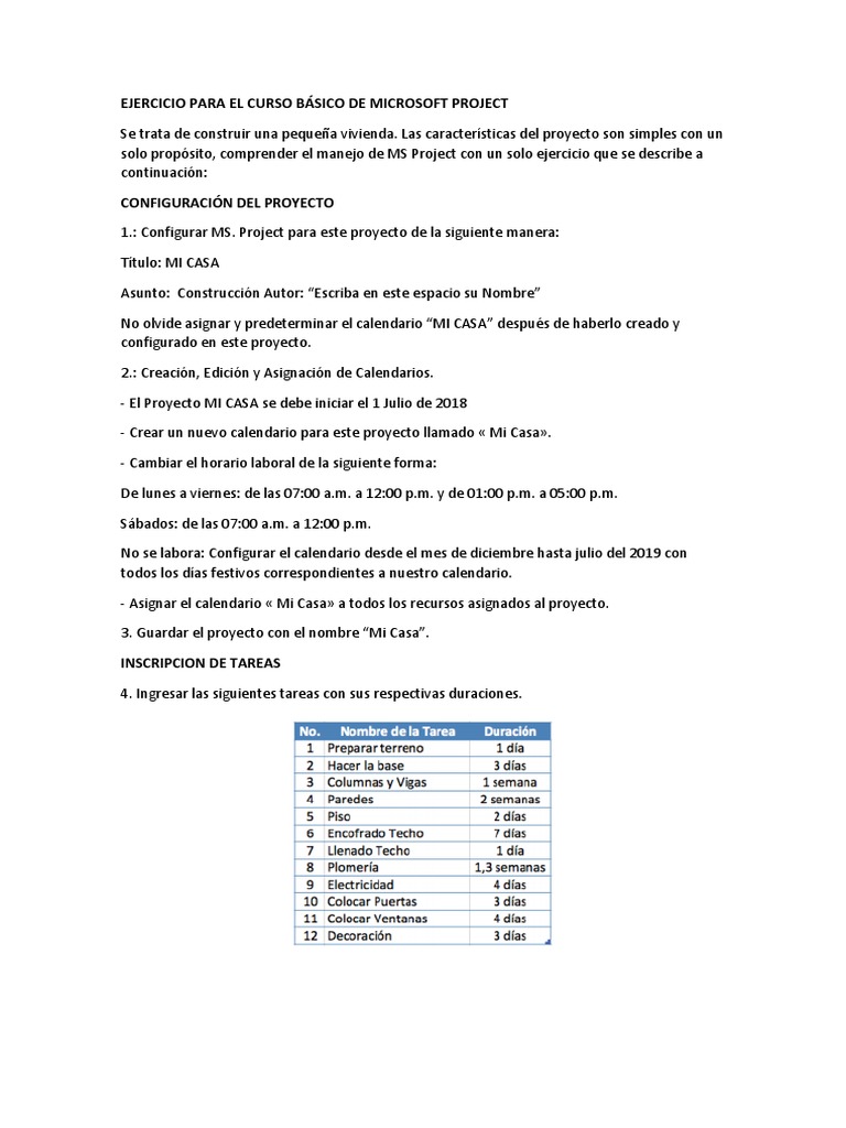 Ejercicio para El Curso Básico de Microsoft Project | PDF