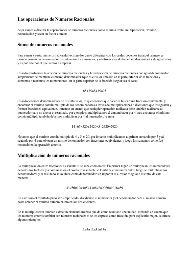 Operaciones con números racionales: suma, resta, multiplicación ...