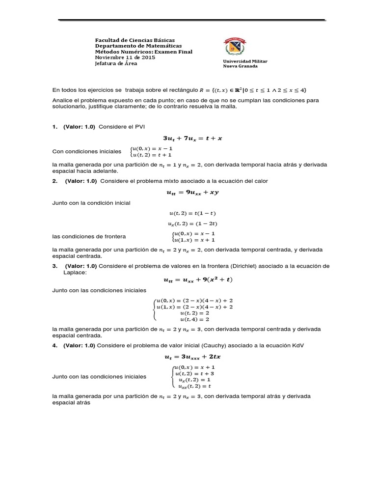 Examen Final Metodos Numericos 2016-1-Thor | PDF | Análisis numérico | Problema de valor límite